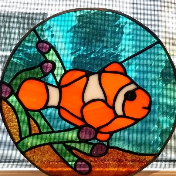 Accents | Vintage Hand Made Stained Glass Mosaic Clown Fish Underwater ...
